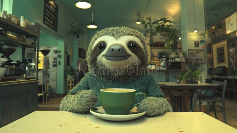 Smiling Sloth Enjoying Coffee in a Green Mug at a Cafe Stock ...
