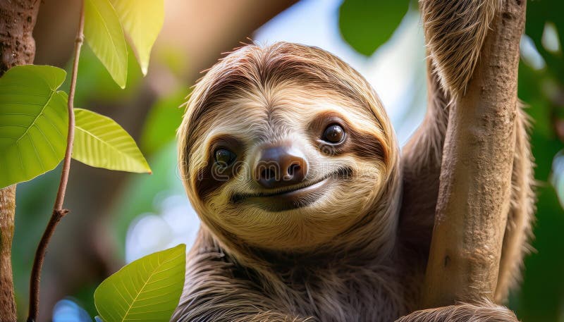 Cute Sloth Smiling Tree Branch Tropical Leaves Background Stock Photos ...