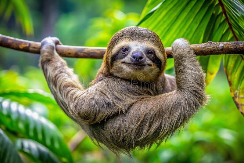 Smiling Sloth Hangs from Branch in Jungle Stock Illustration ...