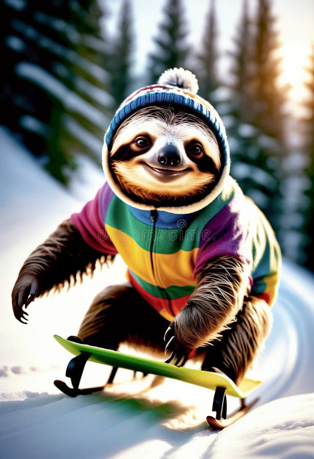 A Smiling Sloth in a Winter Hat is Having Fun and Sledding Down the ...