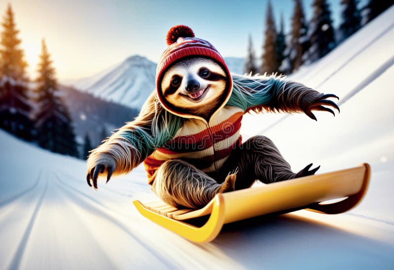 A Smiling Sloth in a Winter Hat is Having Fun and Sledding Down the ...