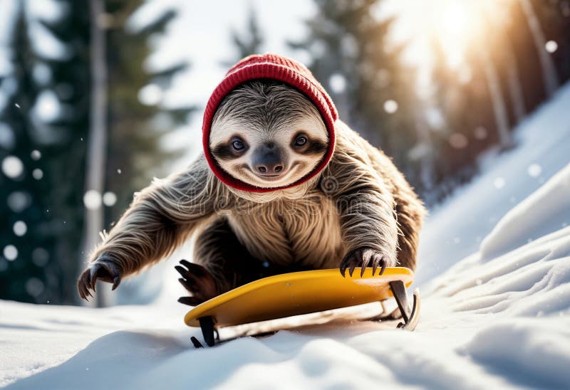 A Smiling Sloth in a Winter Hat is Having Fun and Sledding Down the ...