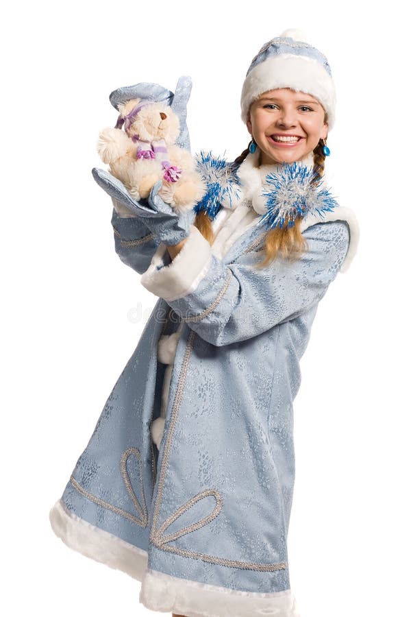 Smiling Snow Maiden with Bear Toy Stock Image - Image of face ...
