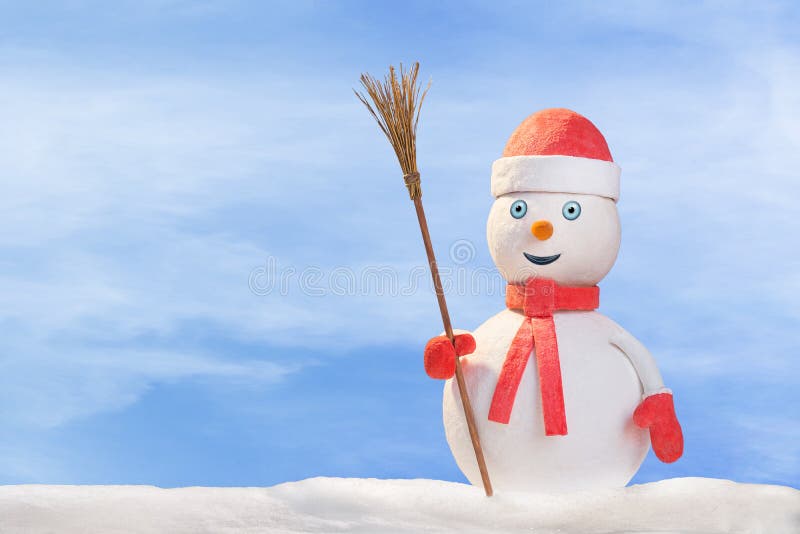 Smiling Snowman in Red Clothes with Broom Stock Image - Image of ...
