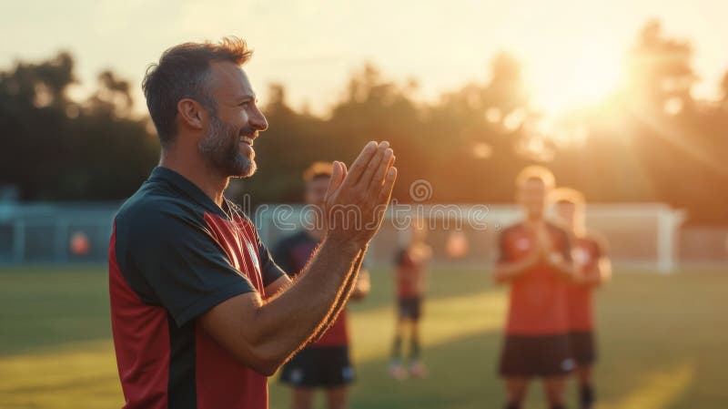 Smiling Soccer Coach Clapping for Team at Sunset on Green Field ...