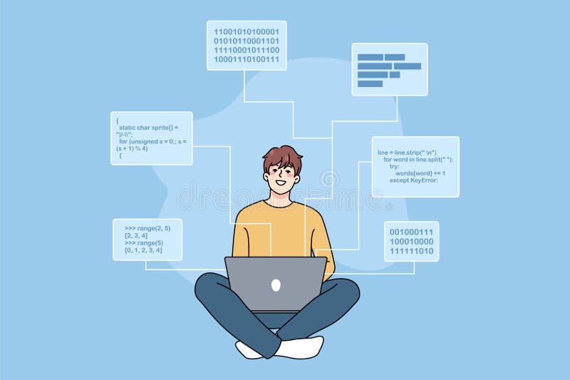 Smiling Software Engineer Writing Codes on Computer Stock Vector - Illustration of software ...
