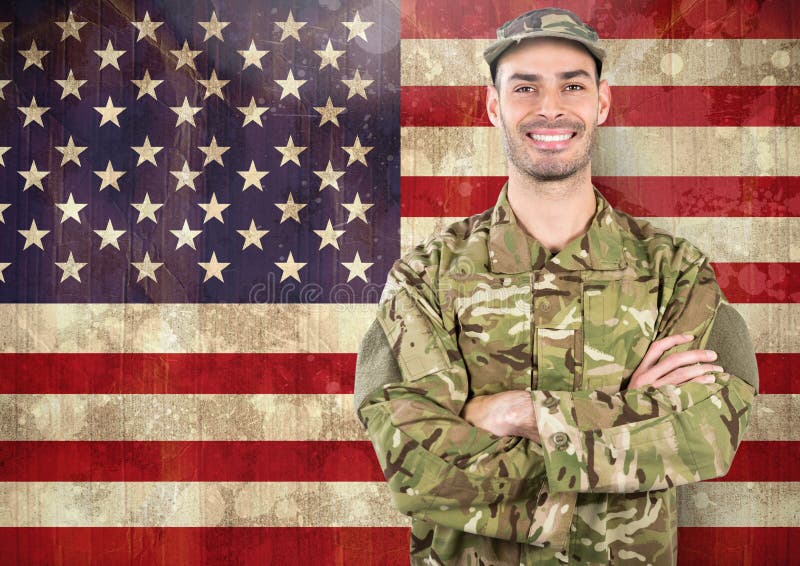 Smiling Soldier Against American Flag Stock Photo - Image of grunge ...