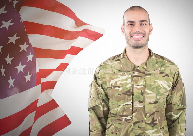 Smiling Soldier Near Fluttering American Flag Stock Image - Image of ...