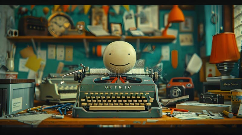 Smiling Sphere Head on Vintage Typewriter in Retro Room Stock ...