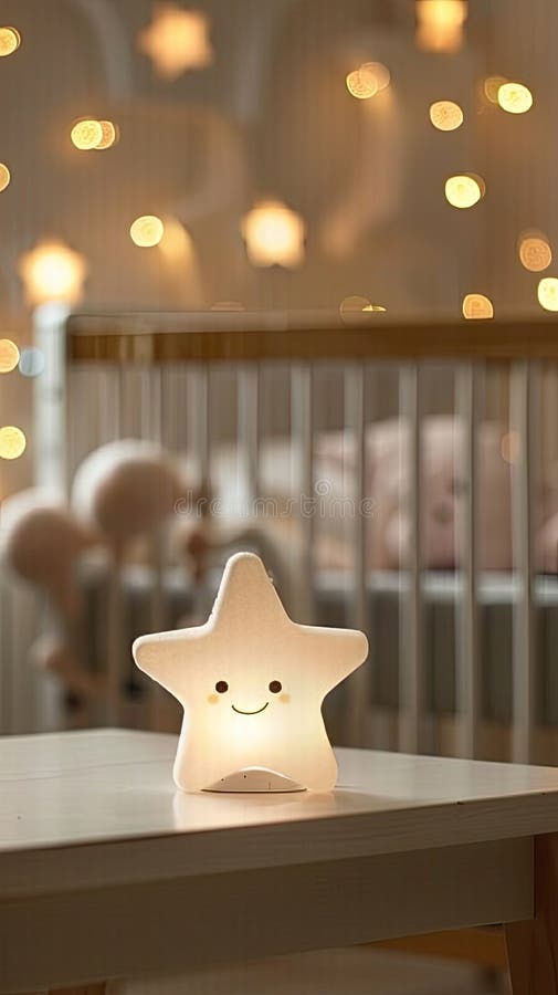 A Smiling Star-shaped Night Light Illuminates a Wooden Table in a ...
