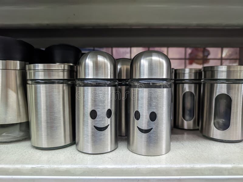 Smiling Steel Kitchen Spice Jars Display Stock Image - Image of holder ...