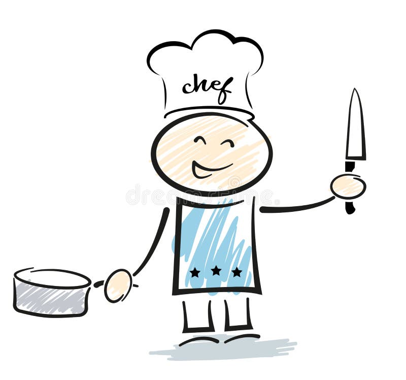Stickman Chef with Toque Holding Kitchen Knife and Saucepan Stock ...