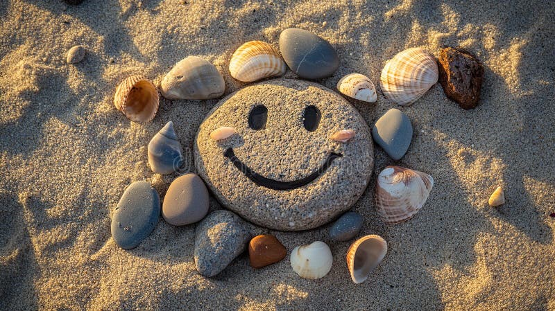 Smiling Stone Face Created with Shells and Pebbles on Sandy Beach Stock ...