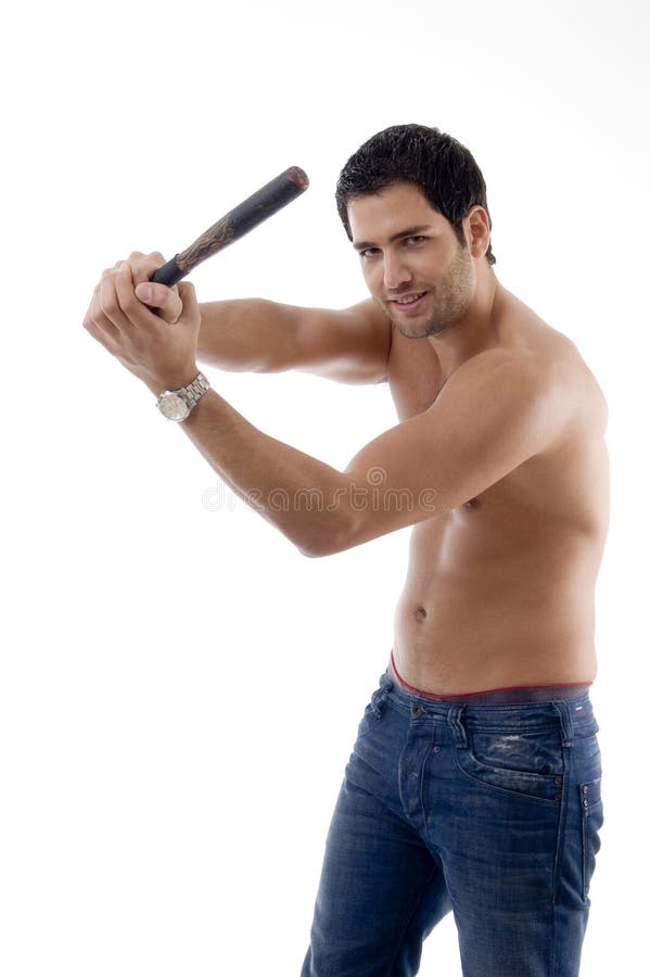 Smiling Strong Man Posing with Barbell in Studio Stock Image - Image of ...