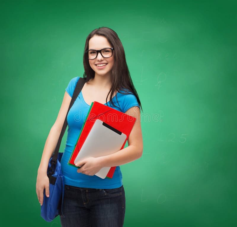 Smiling Student with Bag, Folders and Tablet Pc Stock Photo - Image of ...
