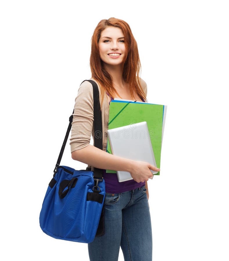 Smiling Student with Bag, Folders and Tablet Pc Stock Image - Image of ...