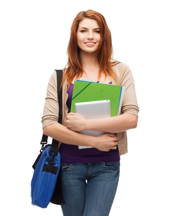 Smiling Student with Bag, Folders and Tablet Pc Stock Photo - Image of ...