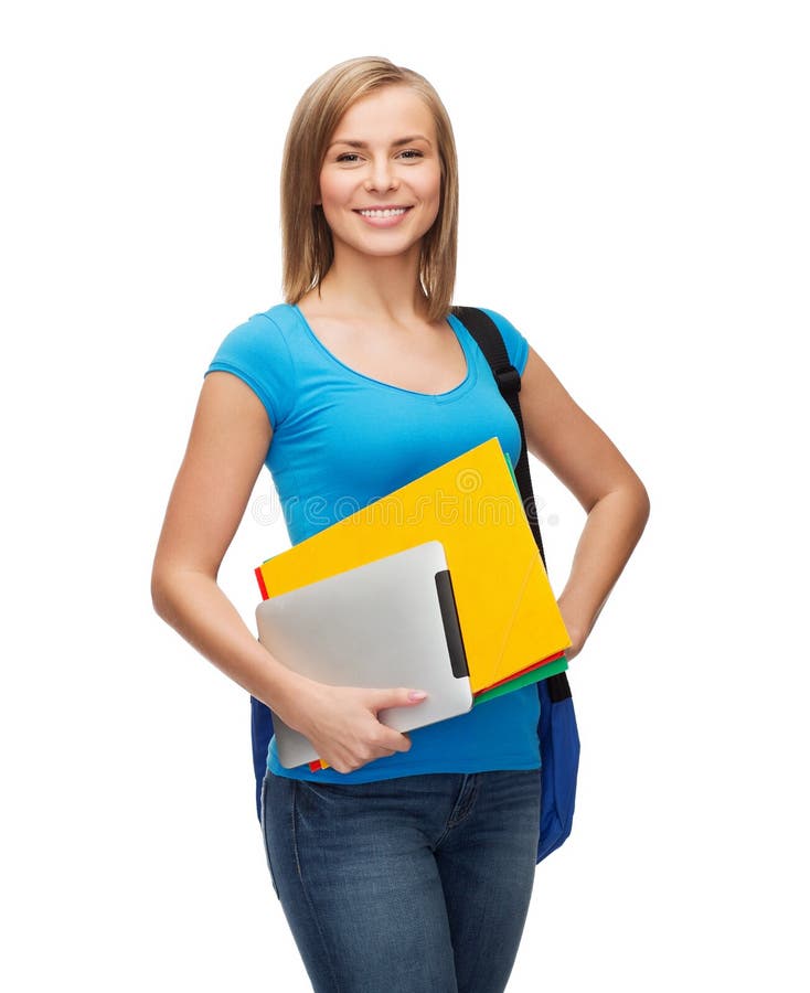 Smiling Student with Bag, Folders and Tablet Pc Stock Photo - Image of ...