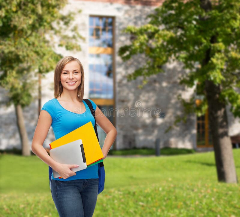 Smiling Student with Bag, Folders and Tablet Pc Stock Image - Image of ...