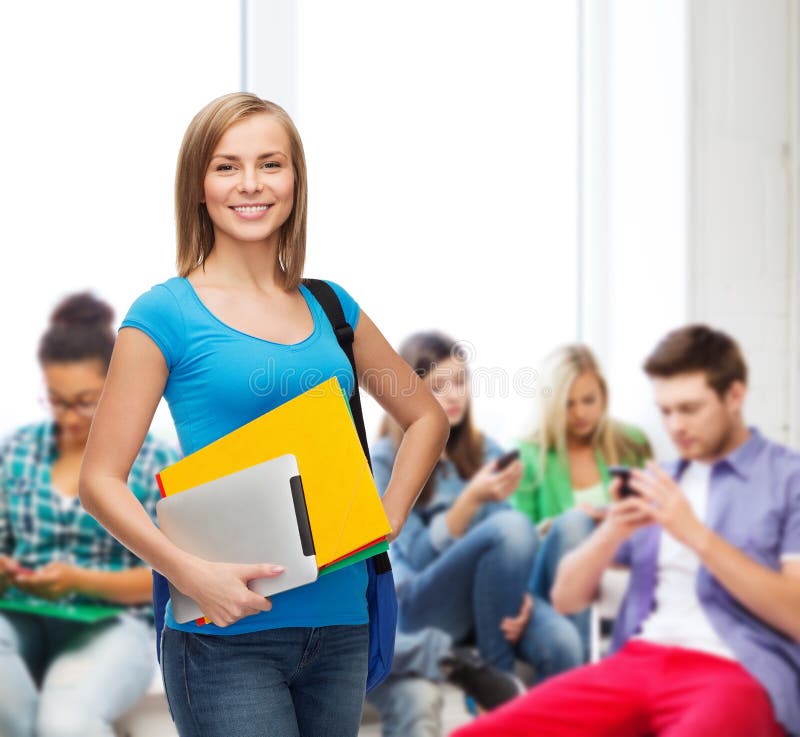 Smiling Student with Bag, Folders and Tablet Pc Stock Image - Image of ...
