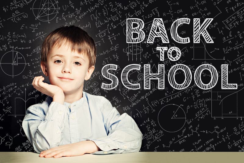 Smiling Student Child Thinking on Chalkboard. Stock Image - Image of ...