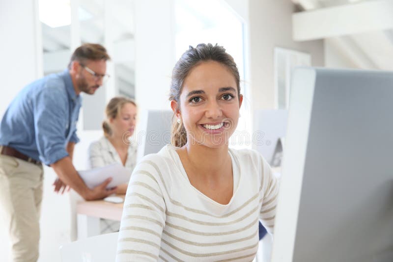 Smiling Student Girl on Desktop Computer Stock Image - Image of ...