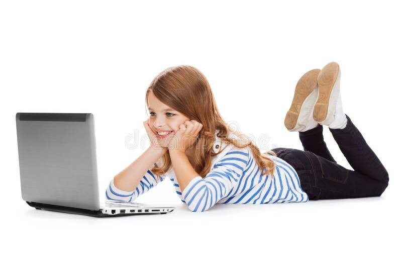 Smiling Student Girl with Laptop Computer Lying Stock Photo - Image of ...