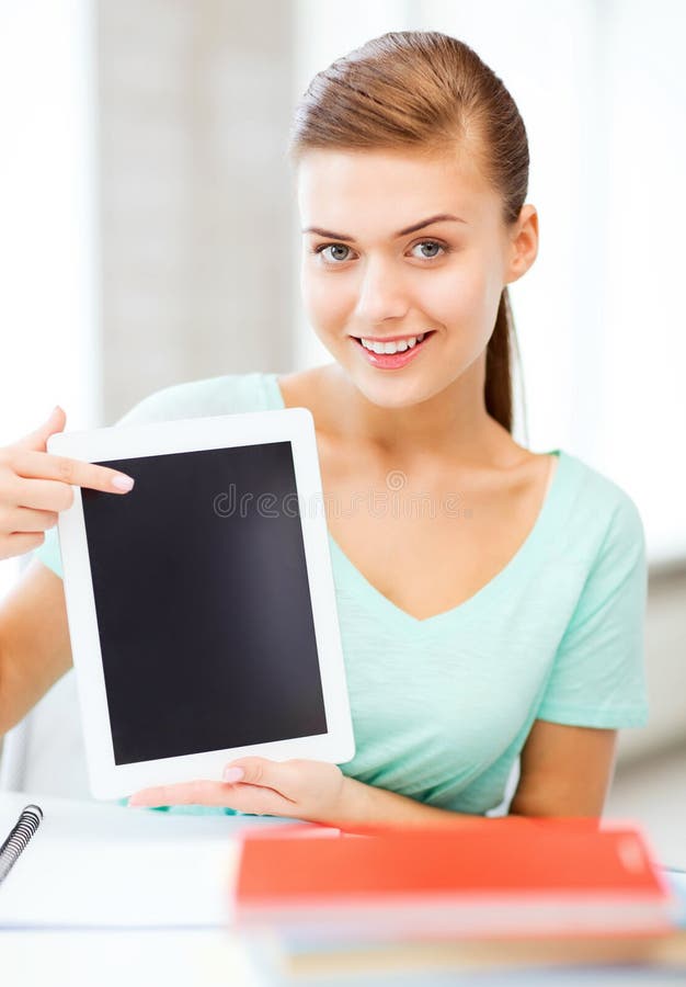 Girl with Tablet Pc and Headphones at Home Stock Image - Image of ...