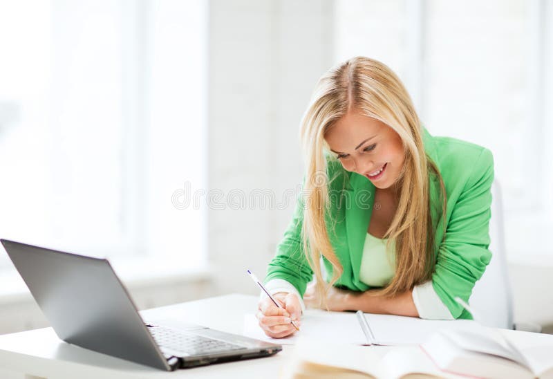 Smiling Student Girl Writing in Notebook Stock Photo - Image of home ...