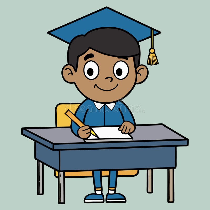Smiling Student with Graduation Cap Writing at a Desk Stock Vector ...