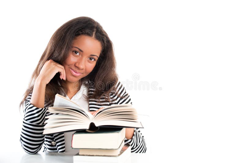 Smiling Student with Open Books Doing Homework Stock Image - Image of ...