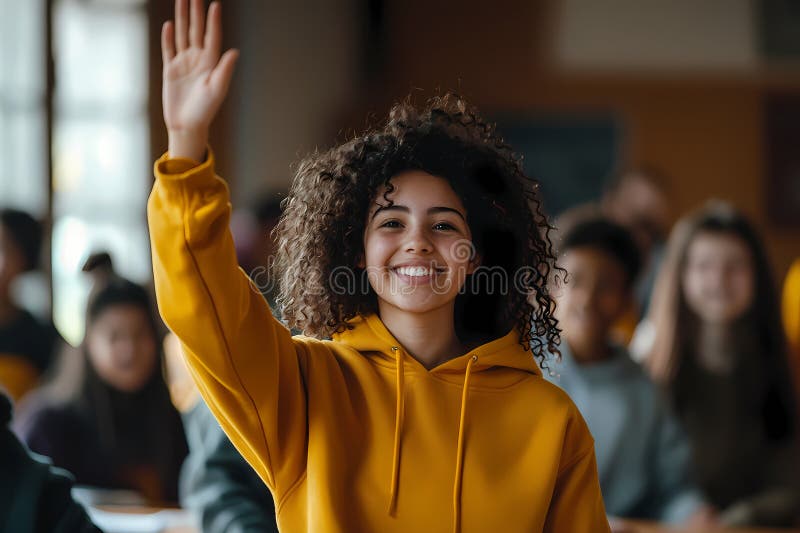 Smiling Student Raising Hand in Classroom Answering Question Stock ...