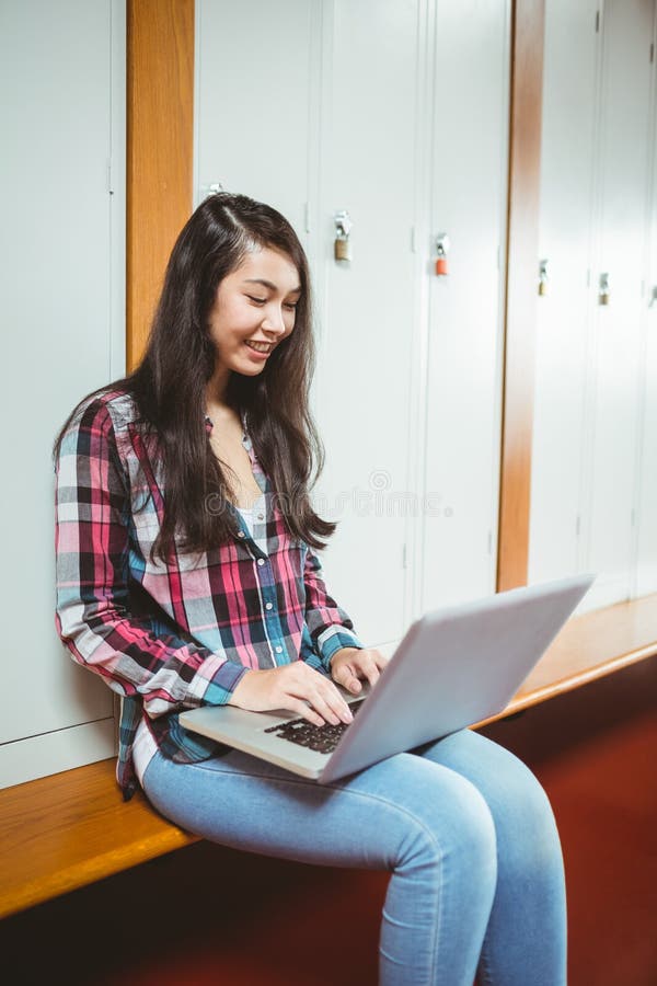 Smiling Student Sitting at the Computer Stock Image - Image of ...