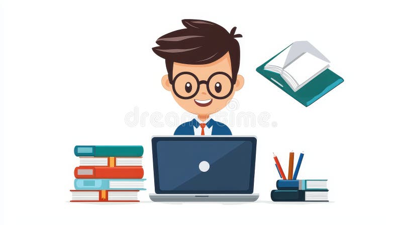 Smiling Student Using Laptop Computer with Books and Pencils Education ...