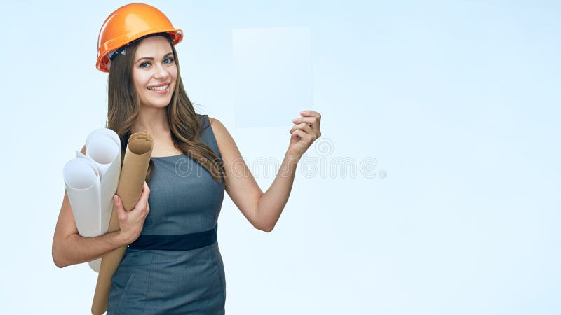 Smiling Student Woman Architect Holding White Empty Advertising Stock ... Smiling Student Woman Architect Holding White Empty Advertising Stock ...
