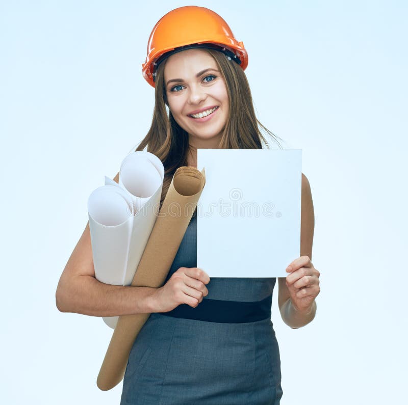 Smiling Student Woman Architect Holding White Empty Advertising Stock ... Smiling Student Woman Architect Holding White Empty Advertising Stock ...