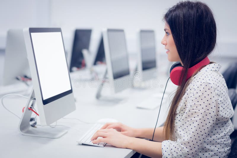 Smiling Student Working on Computer Stock Photo - Image of happiness ...