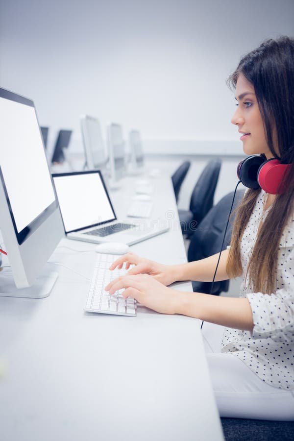 Smiling Student Working on Computer Stock Photo - Image of happy ...