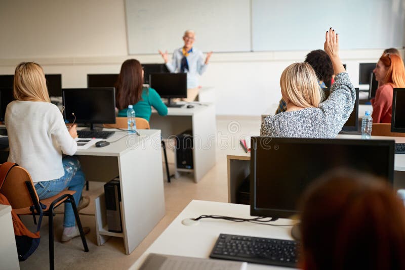 Students Asking Professor in College Auditorium Stock Photo - Image of ...