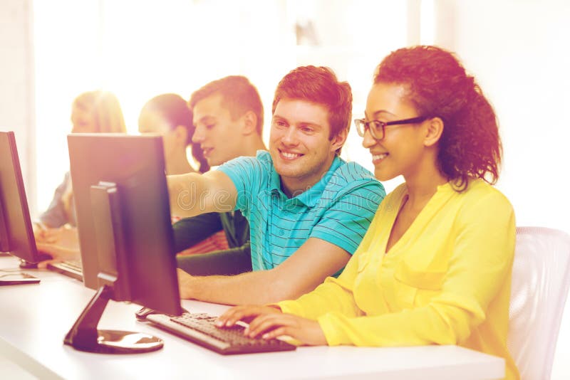 Smiling Students in Computer Class at School Stock Photo - Image of ...