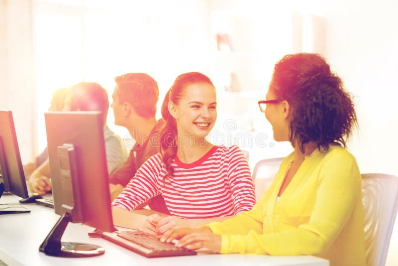 Smiling Students in Computer Class at School Stock Image - Image of ...
