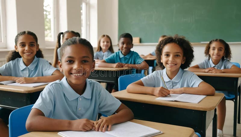 Smiling Students Focused on Learning in a Classroom. Stock Illustration ...