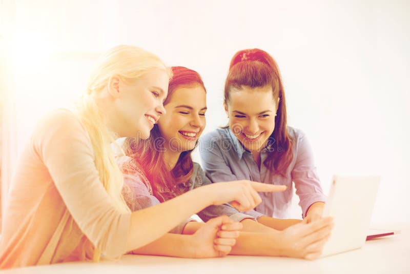 Smiling Students with Tablet Pc Computer at School Stock Photo - Image ...