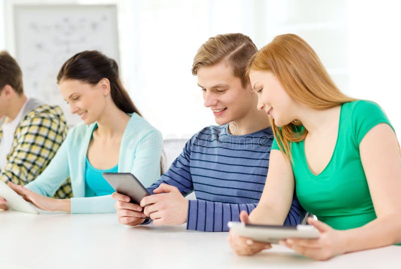 Smiling Students with Tablet Pc at School Stock Image - Image of girls ...