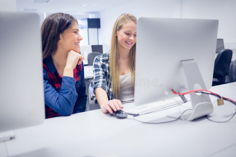 Smiling Students Using Computer Stock Image - Image of cheerful ...