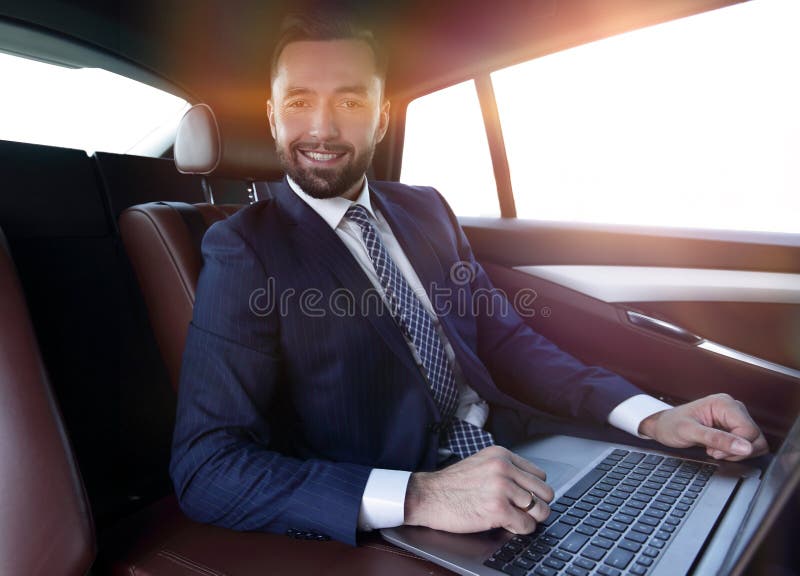 Successful Man Working with Laptop Sitting in Car Stock Image - Image ...