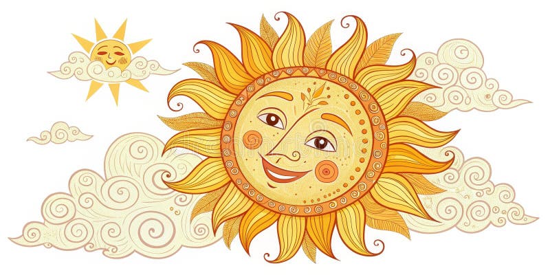 Smiling Sun and Clouds Detailed Zentangle Illustration, Sun, Clouds ...