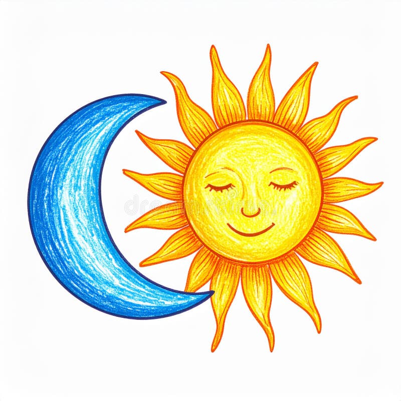Smiling Sun and Crescent Moon Illustration Stock Photo - Illustration ...