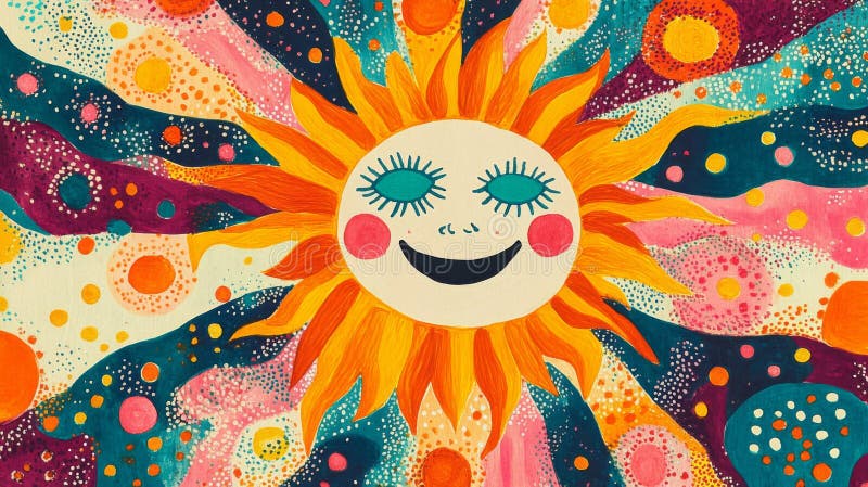 Smiling Sun Illustration with Psychedelic Background Stock Illustration ...