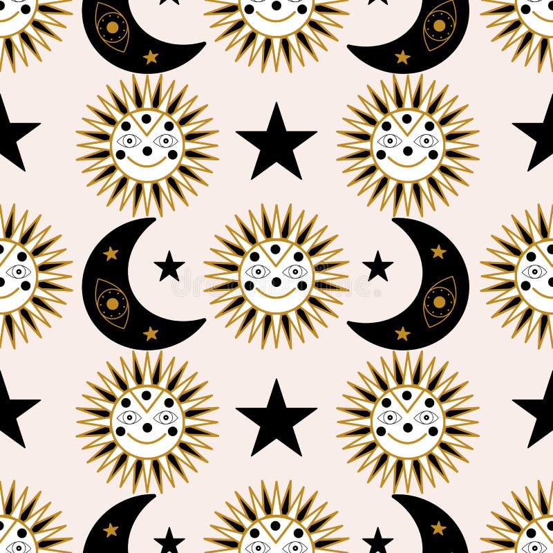 Smiling Sun and Moon, in a Geometric Pattern Design Stock Vector ...